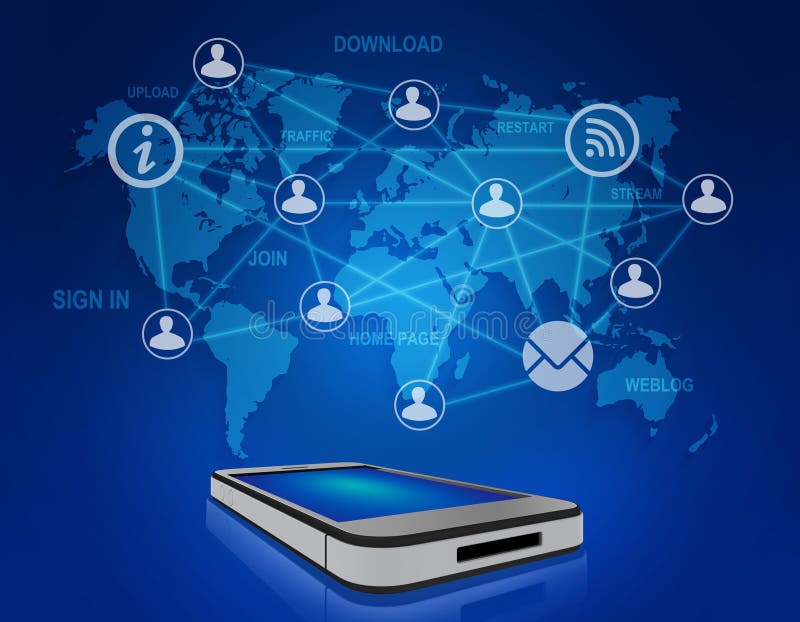 Mobile Phone and Icons People Teamwork on World Stock Illustration ...