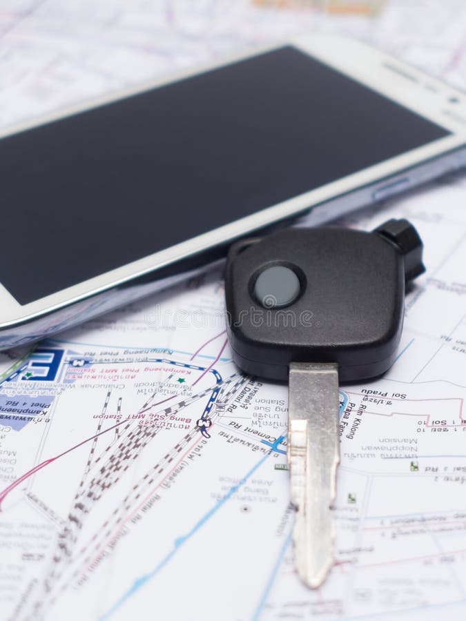 Mobile Phone and Key Car on the Map. Stock Image - Image of automobil ...