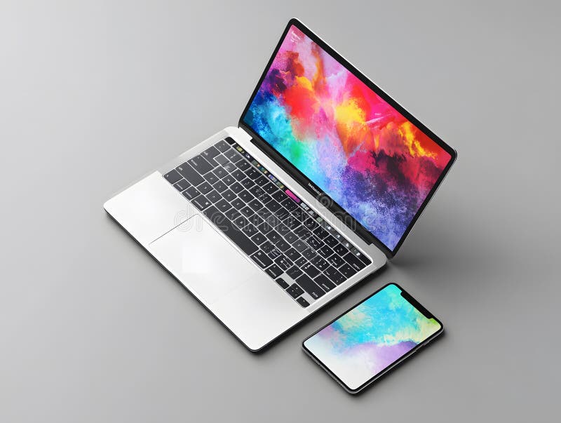 Mobile Phone and Laptop Mockup on Grey Background Stock Illustration ...