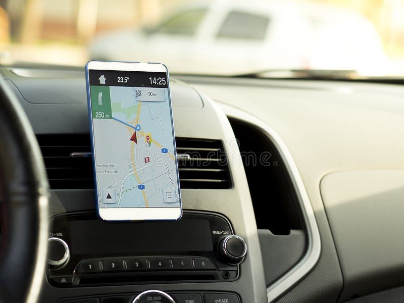 Mobile Phone Located in the Center of the Vehicle Console. Black Screen ...