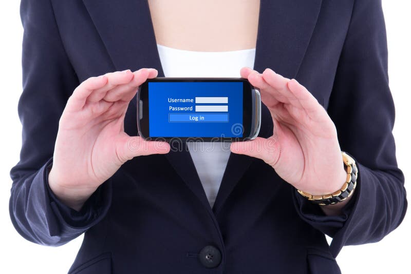 Mobile Phone with Login Panel on Screen in Female Hands Stock Photo ...