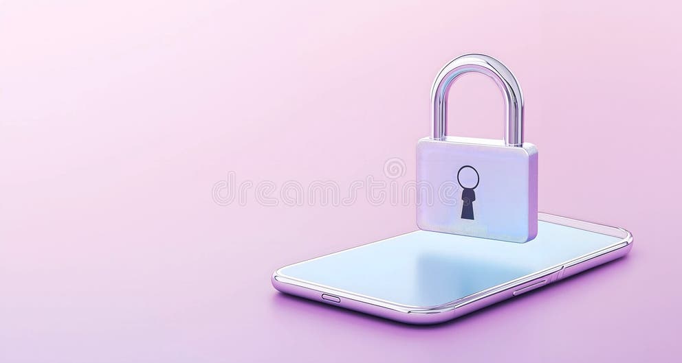 Mobile Phone with a Metallic Padlock on a Soft Pink Background ...