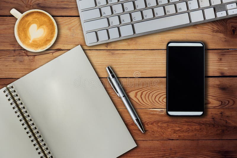 Mobile Phone, Notebook Pen, Keyboard Computer and Coffee Cup on Stock ...