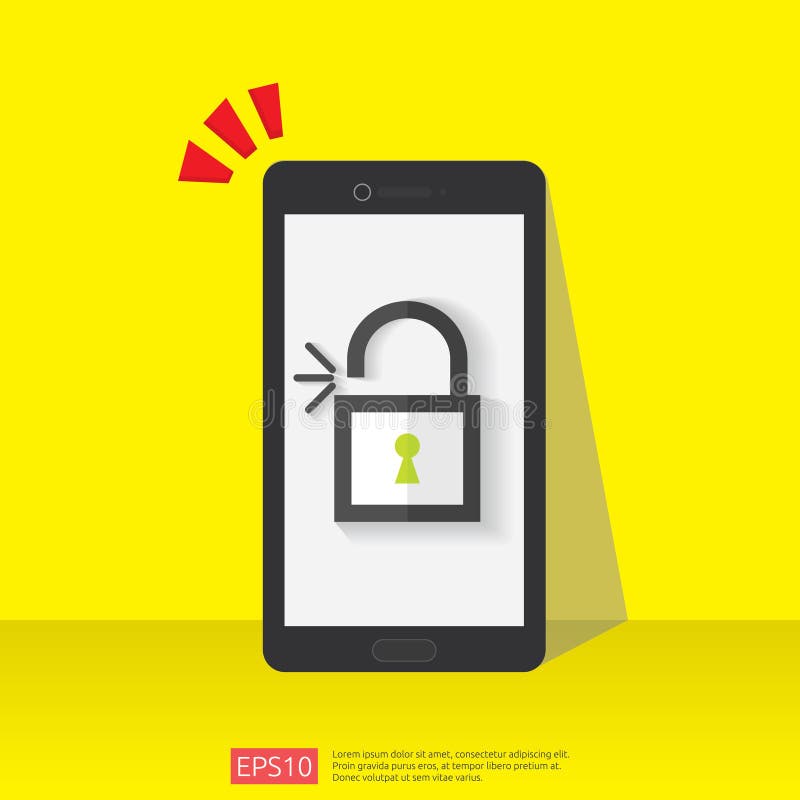 Mobile Phone with Open Unlock Padlock Icon. Attention Access Warning ...