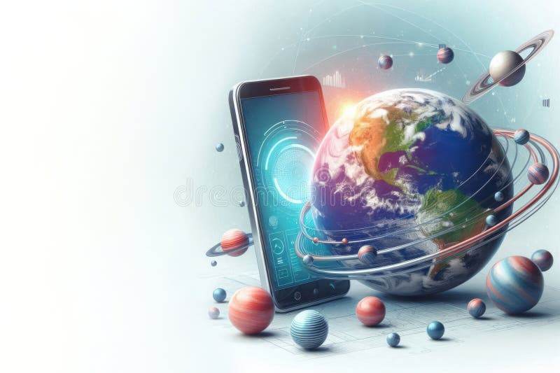 A Mobile Phone with Planets Orbiting the Earth. Space for Text. Stock ...