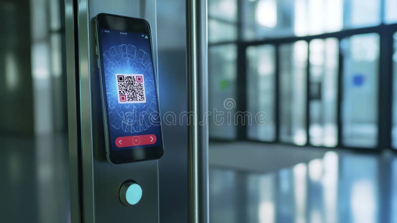Mobile Phone with Qr Code Ready for Scan at Modern Building Entry ...