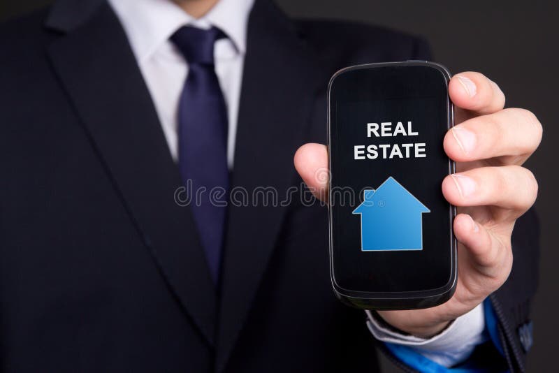 Mobile Phone with Real Estate Application in Business Man Hand Stock ...