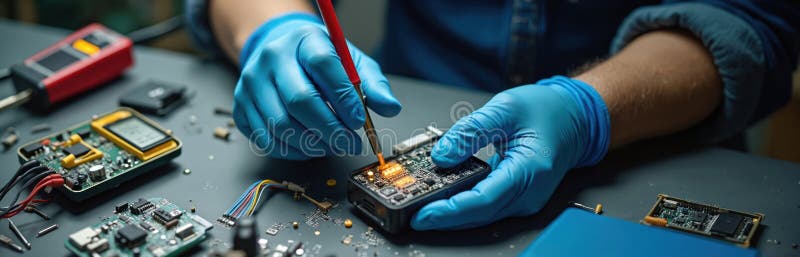 Mobile Phone Repair Tech Uses Ammeter, Measuring Current, in Electronic ...