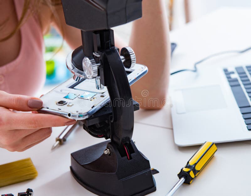 Mobile Phone Repair in Workshop Stock Image - Image of examining, desk ...