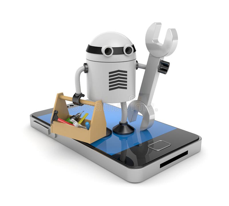 Mobile phone with robot stock illustration. Illustration of repairman ...