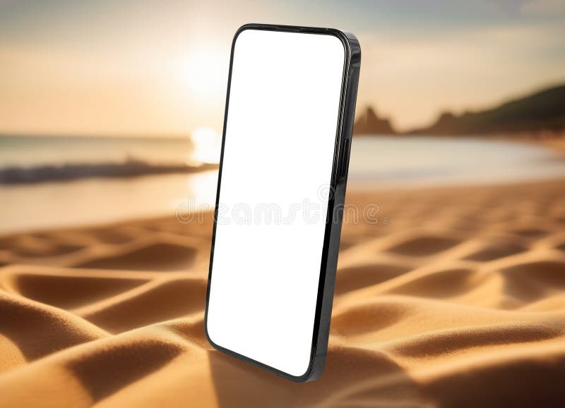 Mobile Phone Screen Mockup on Sand Beach at Sea Resort. Smartphone ... Mobile Phone Screen Mockup on Sand Beach at Sea Resort. Smartphone ...