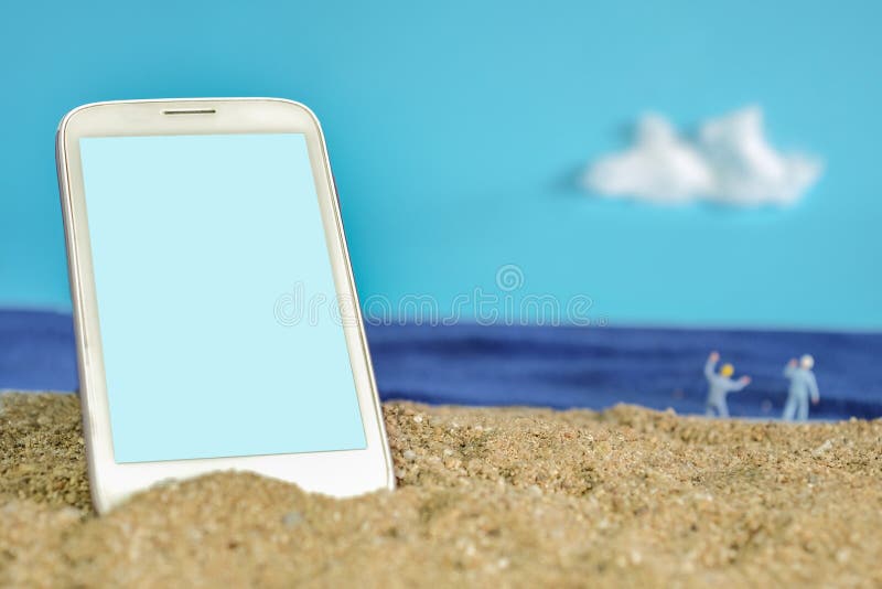 Mobile phone on sea beach stock photo. Image of telephone - 197172370