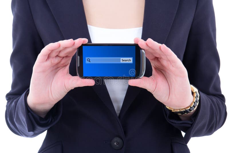 Mobile Phone with Search Bar on Screen in Female Hands Stock Image ...
