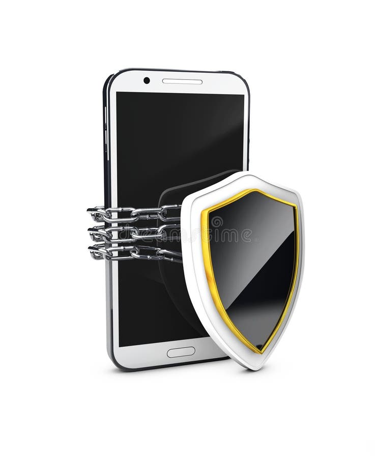 Mobile Phone Security Concept. Cell Phone and Shield and Chain Around ...