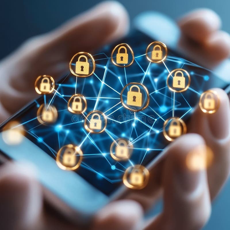 Mobile Phone Security Network, Data Protection Visualized with Digital Padlocks and Glowing ...