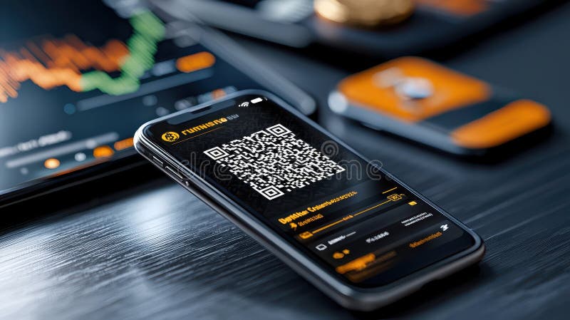 Mobile Phone Displaying QR Code on Table with Cryptocurrency Charts ...