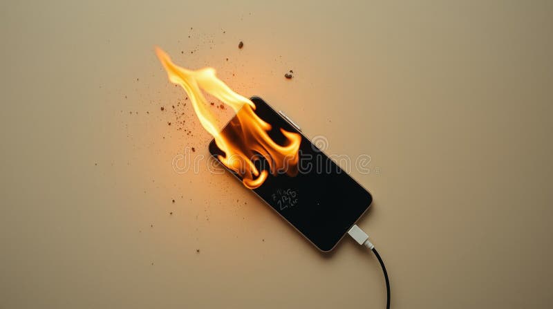 Smartphone Engulfed in Flames, Charging Cable Visible. a Dramatic Image ...