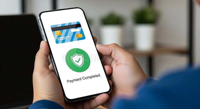 Mobile Phone Shows Secure Online Payment Completion with Credit Card ...