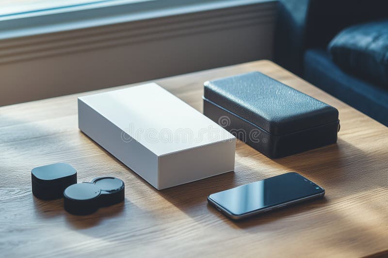 Mobile Phone on the Table with Cardboard Boxes, Wireless Earphones ...
