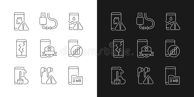 Mobile Phone Technical Issues Black Linear Icons Set for Dark and Light ...