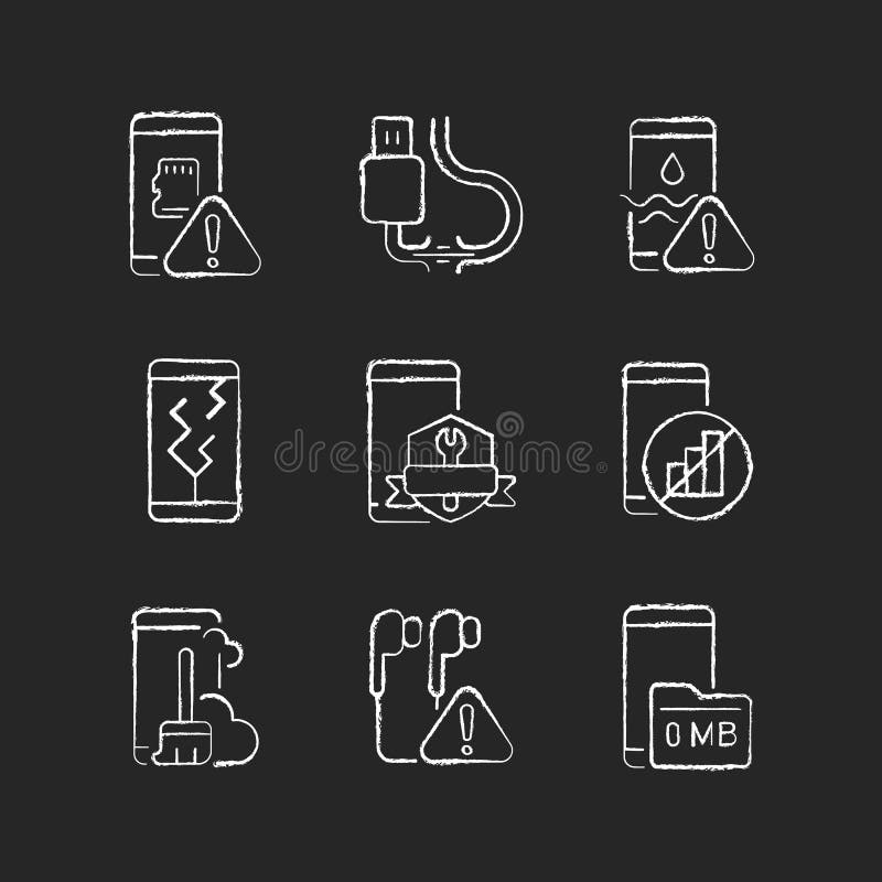 Mobile Phone Technical Issues Chalk White Icons Set on Dark Background ...