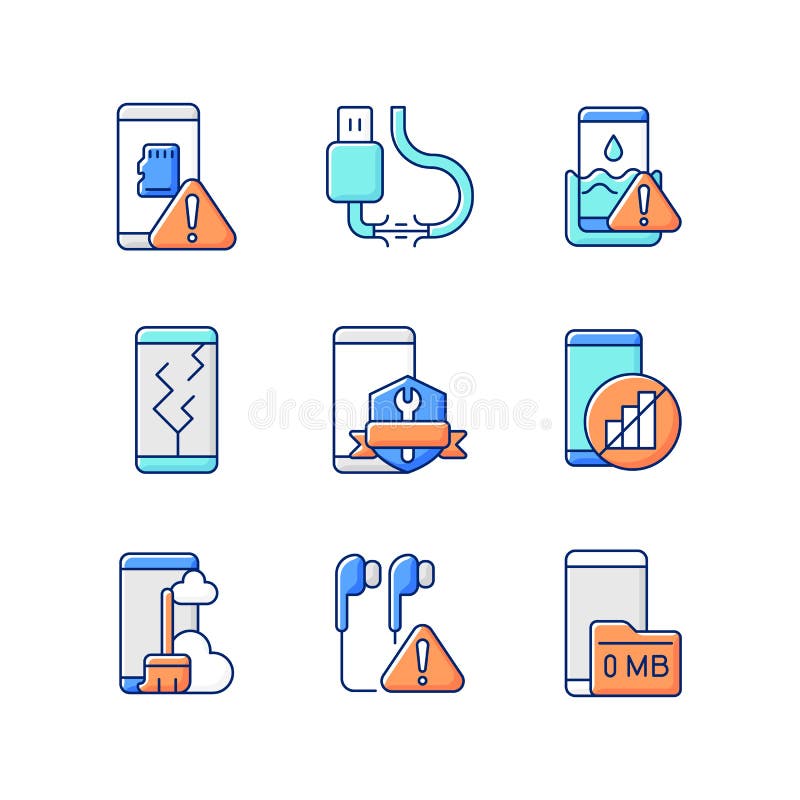 Mobile Phone Technical Issues Black Glyph Icons Set on White Space ...