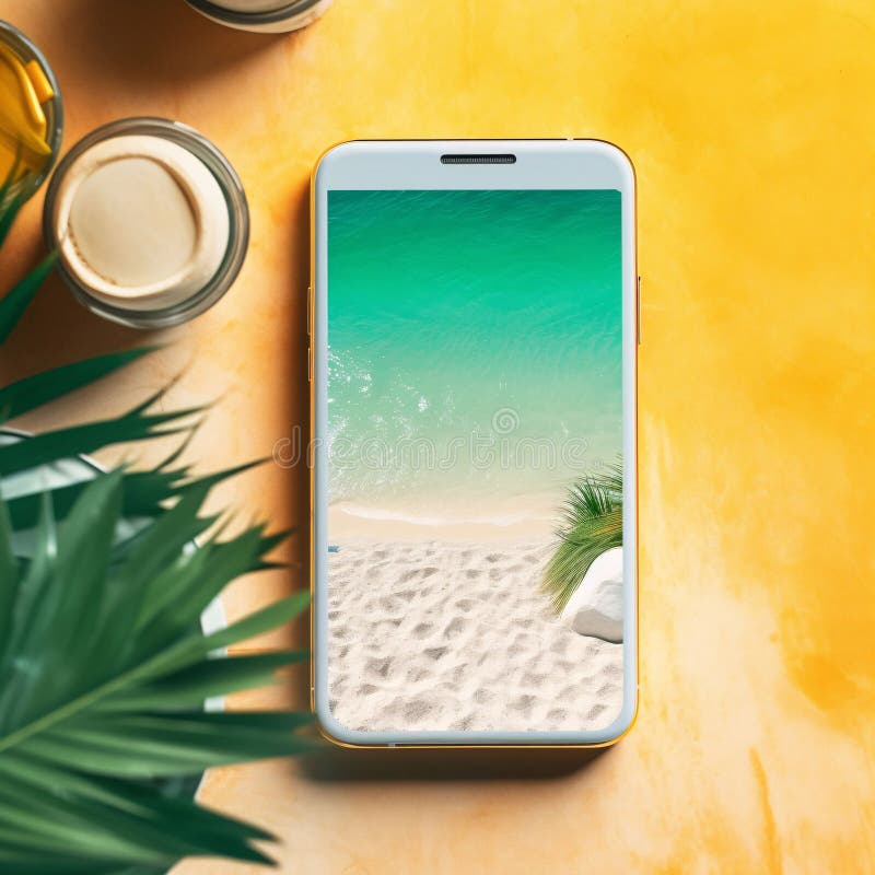 Mobile Phone with Tropical Beach on the Screen. Summer Vacation Concept ...