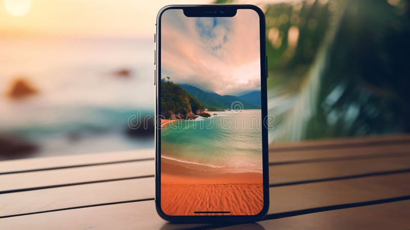 Mobile Phone with Tropical Beach on Screen. Travel and Vacation Concept ...
