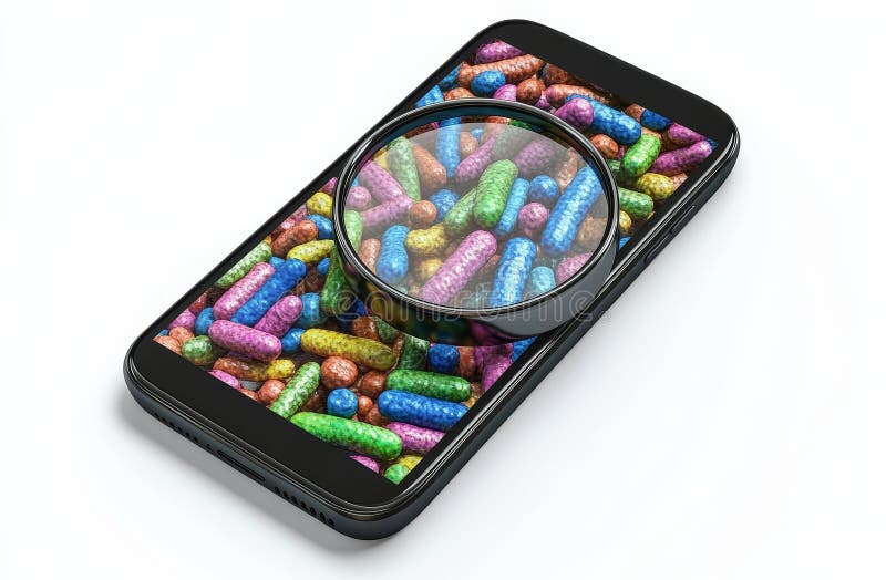 A Mobile Phone with Viruses and Bacteria is Shown Under a Magnifying ...