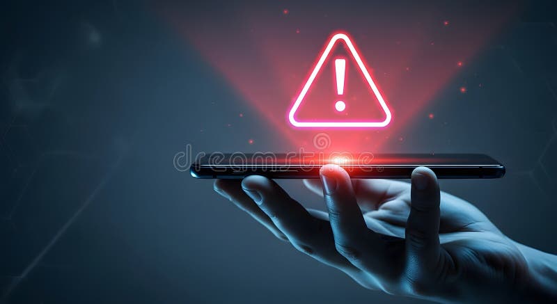 Hand Holding Smartphone with Red Warning Alert Icon for Cybersecurity ...