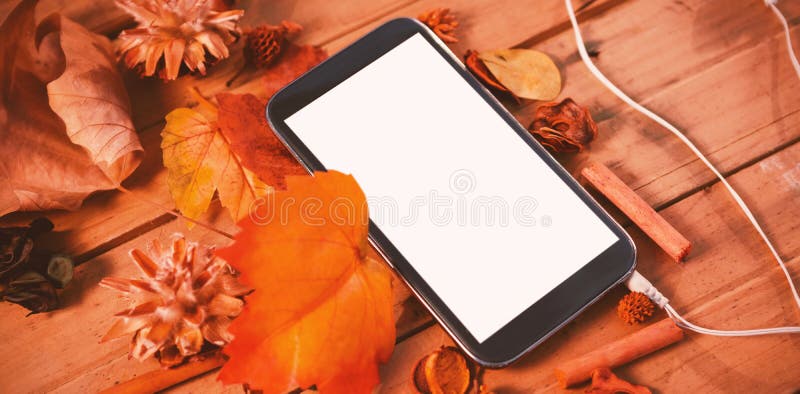 Mobile Phone on Wood Table Surround of Leaf Stock Photo - Image of ...