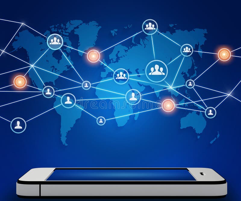 Mobile Phone and World Map with Icons People Stock Illustration ...