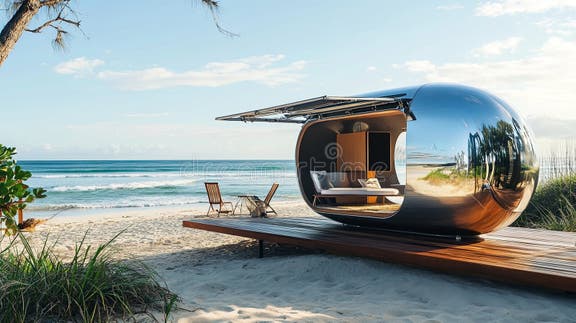 Mobile Pod Set Up on Beach Deck . Stock Image - Image of blue, nature ...