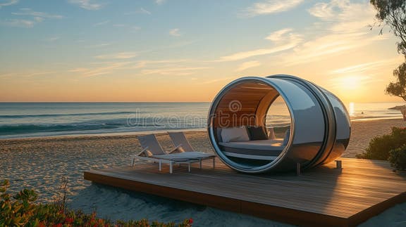 Mobile Pod Set Up on Beach Deck . Stock Photo - Image of view, water ...