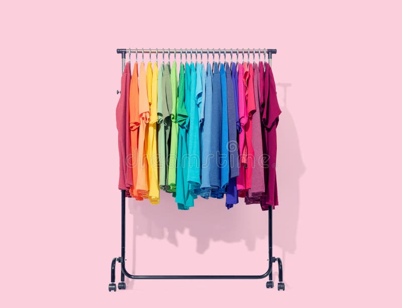 Mobile Rack with Color Clothes on Light Pink Background. File Contains ...