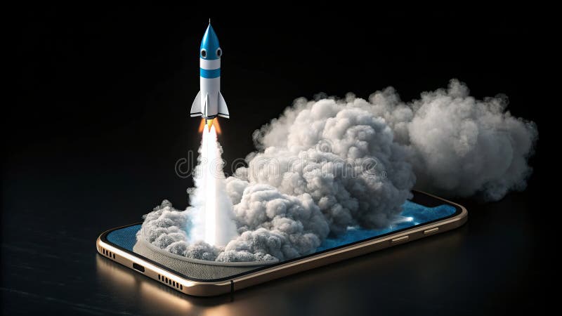 Mobile Rocket Launch 3D Render, Blue and White Rocket, Smoke Burst ...