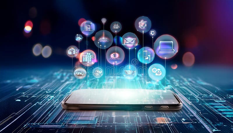 Mobile Screen with Floating Icons and Big Data Text, Highlighting Data ...