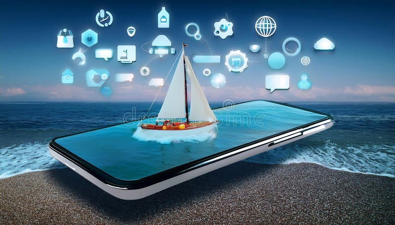 Mobile Screen with Floating Icons of a Boat and Ocean, Highlighting ...