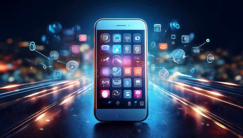 Mobile Screen with Floating Icons of Cellphone and Internet Service ...