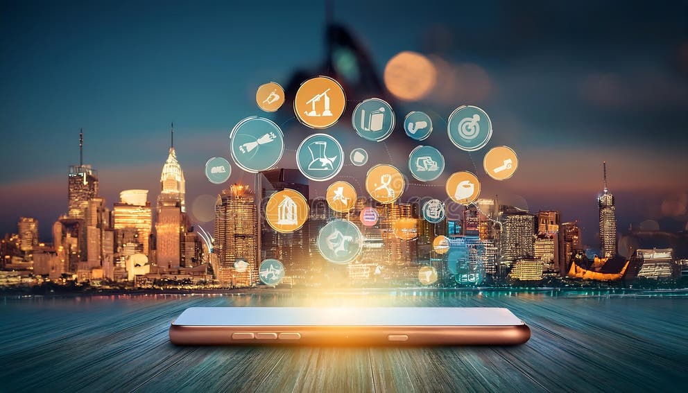 Mobile Screen with Floating Icons of City Objects, Highlighting Urban ...