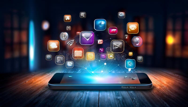Mobile Screen with Floating Icons in a Dark Room, Highlighting ...