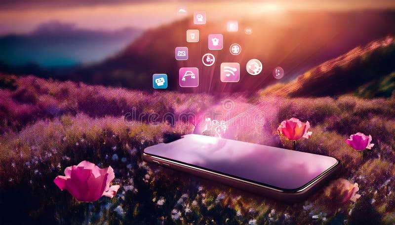 Mobile Screen with Floating Icons on a Floral Background, Highlighting ...