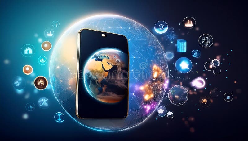 Mobile Screen with Floating Icons and Pictures of the Earth ...