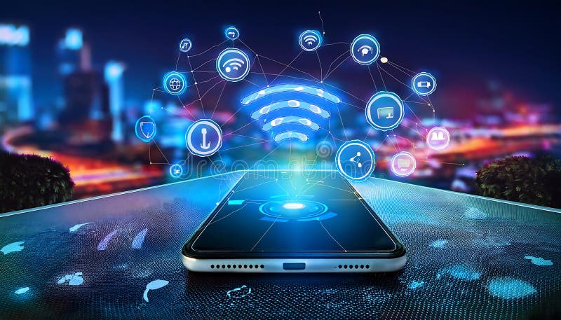 Mobile Screen with Floating Icons of WiFi and Internet Signal ...