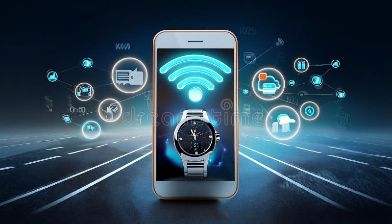 Mobile Screen with Floating Icons of WiFi and Smartwatch, Highlighting ...