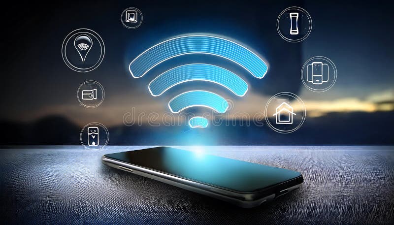 Mobile Screen with Floating Icons of WiFi and Smartwatch, Highlighting ...