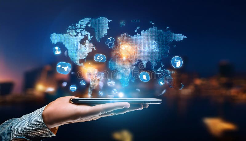 Mobile Screen with Floating Icons and World Map, Showcasing Global ...
