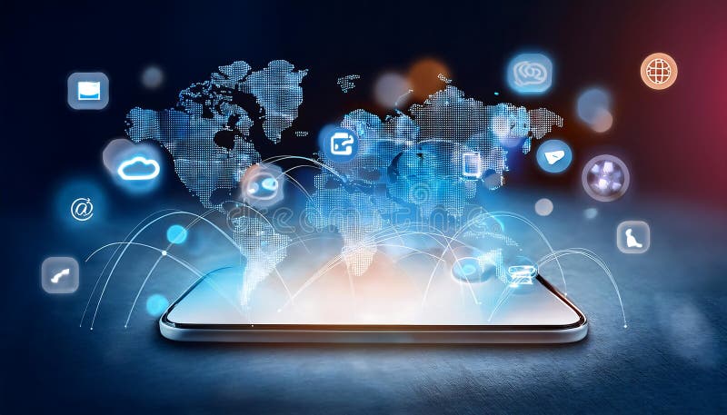 Mobile Screen with Floating Icons and World Map, Showcasing Global ...