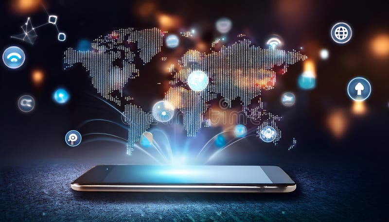 Mobile Screen with Floating Icons and World Map, Showcasing Global ...
