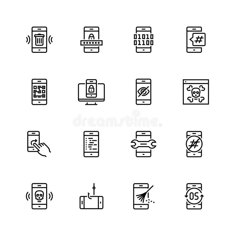 Mobile Security Icons in Thin Line Style Stock Vector - Illustration of ...